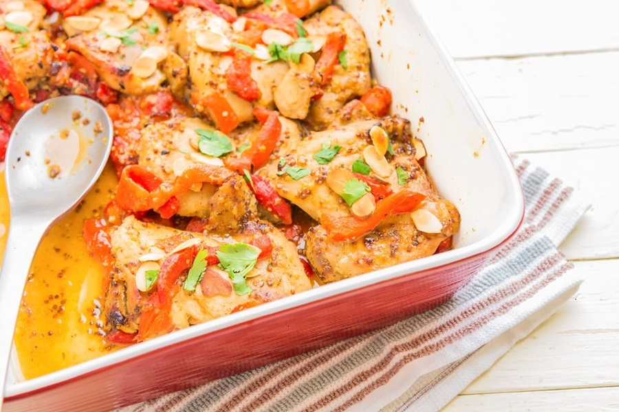 Chicken, capsicum and almond tray bake